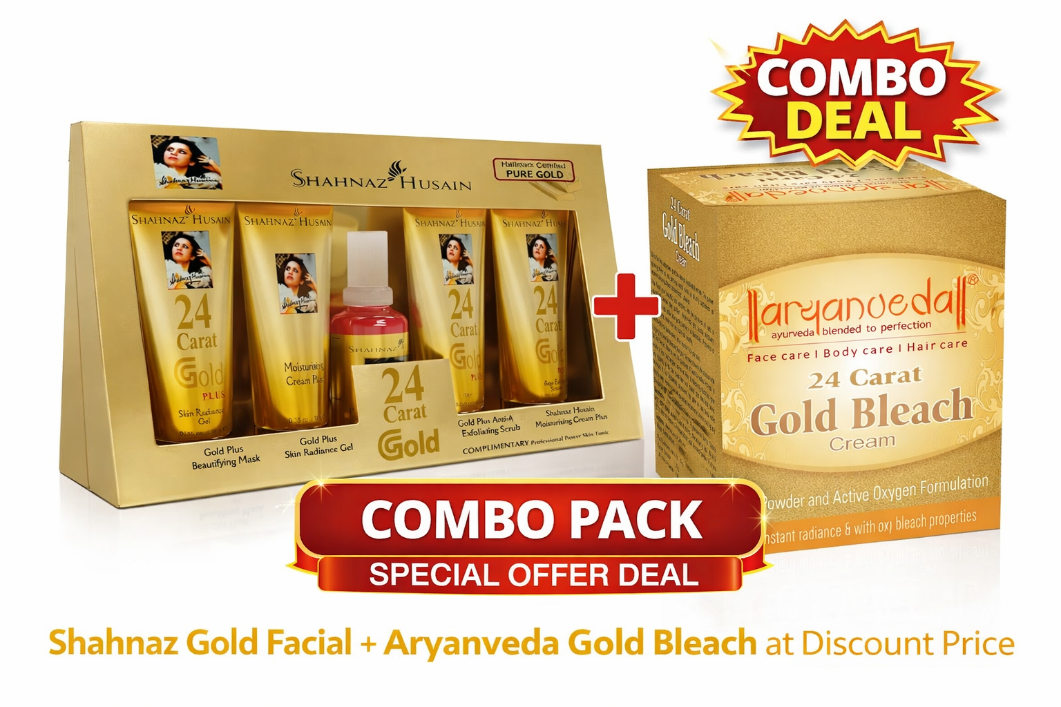 Shahnaz Husain 24 Carat Gold Facial Kit + Aryanveda 24 Carat Gold Blea ...